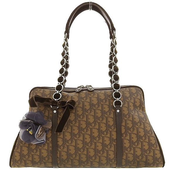 Dior | Bags | Dior Trotter Pattern Flower Motif Top Handle Bag Brown ...